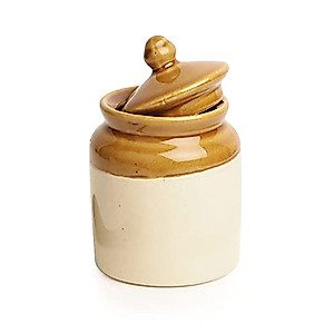 ExclusiveLane 'Old Fashioned' Ceramic Pickle Jar Set with Hand Carved Wooden Tray for Dining Table, Kitchen | Pickle Jars with Lids Indian Style, Achaar Storage, Set of 2 (230 ML)