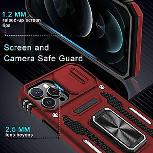 DEERLAMN for iPhone 13 Pro Max Case with Slide Camera Cover+Screen Protector(1 Pack),Rotated Ring Kickstand Military Grade Shockproof Protective Cover 6.7 Inch-Red