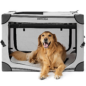 EHEYCIGA Portable Dog Travel Crate 36 Inches, Collapsible Dog Crate for Large Dogs, Soft Foldable Dog Kennel with 4-Door Mesh Windows Indoor & Outside, Grey