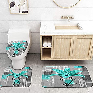 DuoBaorom 4 Pieces Set Teal Lily Flower Shower Curtain Set Geometric Floral Green and Grey Art on Non-Slip Rugs Toilet Lid Cover Bath Mat and Bathroom Curtain with 12 Hooks 72x72inch