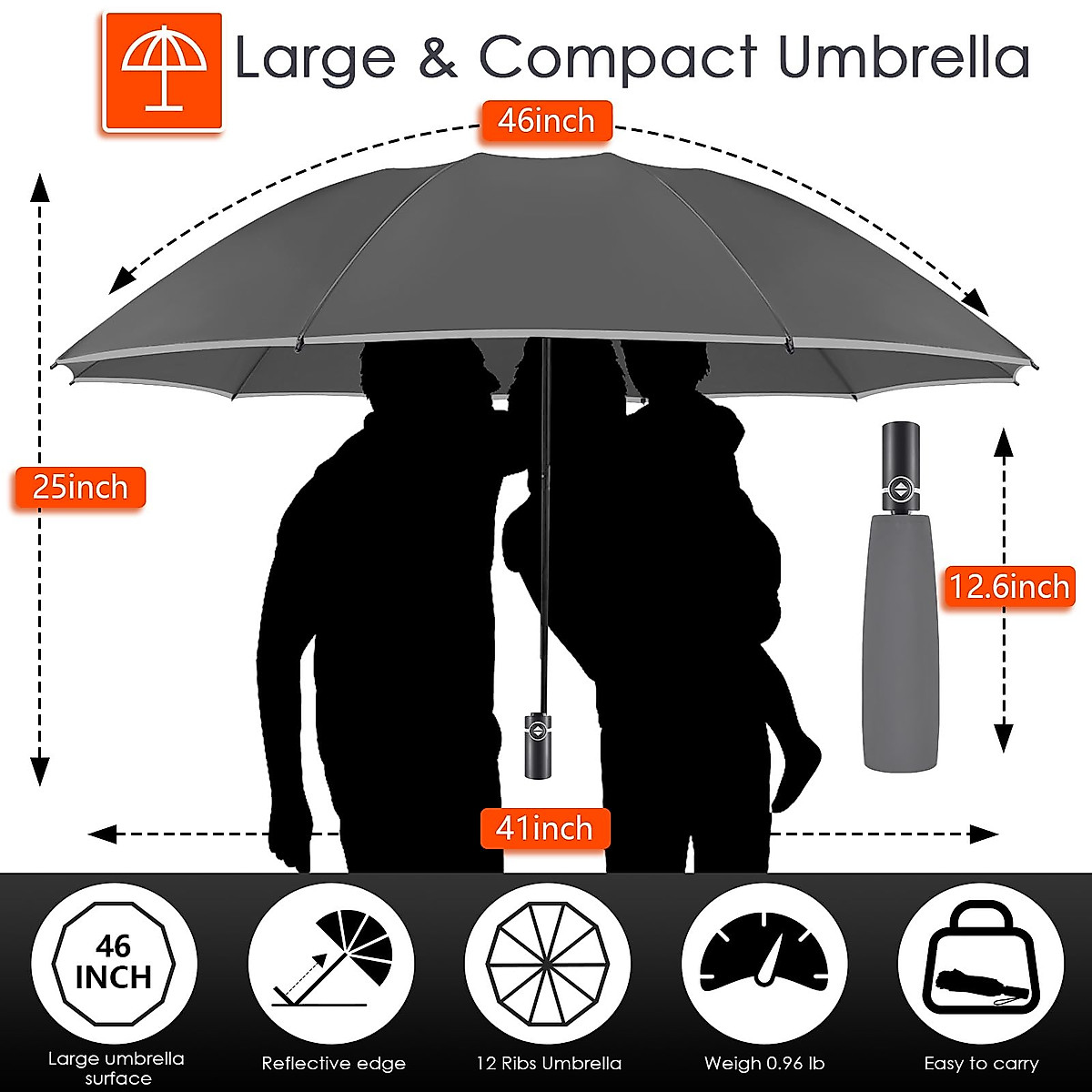 Bodyguard Inverted Umbrella Large Windproof Umbrellas for Rain Sun Travel Umbrella Compact with Reflective Stripe, Gray-46 INCH