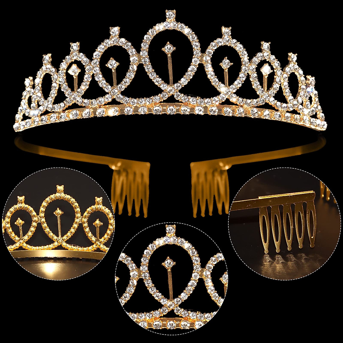 ZOCONE 2 Pack Crystal Rhinestone Bridal Tiara & Birthday Queen Sash, Wedding Crown for Women Flower Girls Birthday Headband Quinceanera Crowns with Comb (Gold)