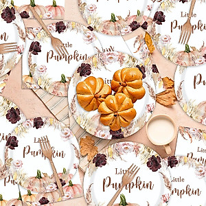 96 Pcs Fall Boho Pumpkin Party Plates and Napkins Set Baby Shower Happy Birthday Party Supplies Decorations for Kid Fall Leaves Pampas Grass Party Disposable Dinnerware Tableware Kit, Serves 24