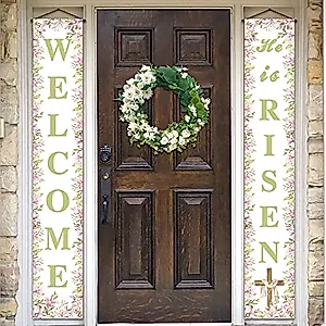 Pudodo He Is Risen Porch Banner Easter Christian Cross Resurrection Religious Holiday Party Front Door Sign Wall Hanging Decor