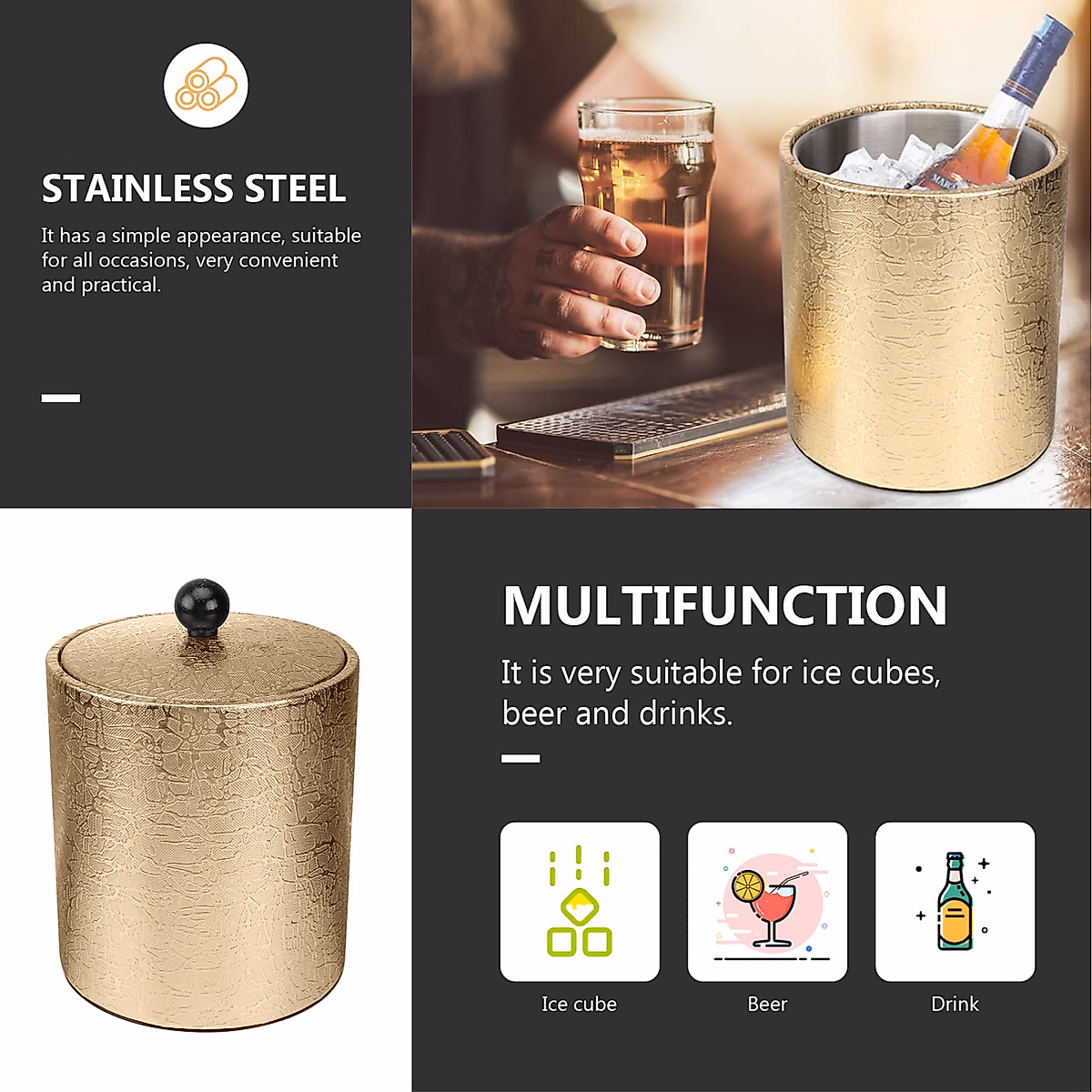 BESTonZON Gold Ice Bucket Gold Ice Bucket Gold Ice Bucket Gold Ice Bucket Stainless Steel Ice beer bottle cooler large ice bucket champagne ice bucket Bucket with Lid Gold Ice Bucket Gold Ice Bucket