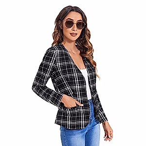 Milumia Women Elegant Open Front Plaid Blazer Work Office Jacket Outwear Z Black and White Medium