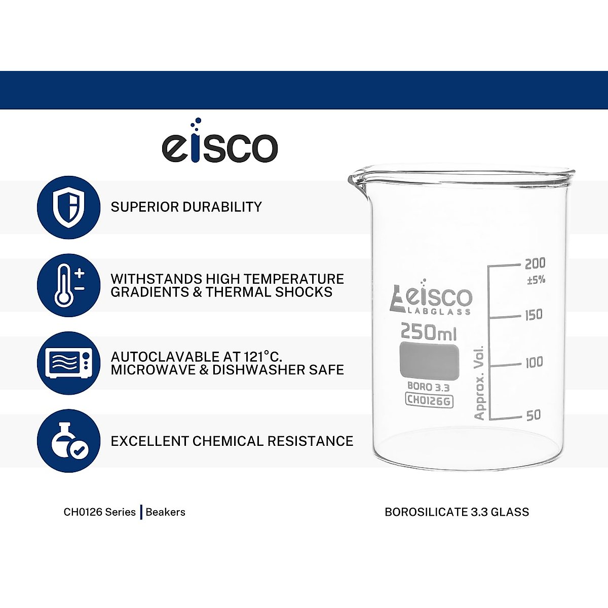 EISCO Beaker, 25ml - Low Form with Spout - White, 5ml Graduations - Borosilicate 3.3 Glass