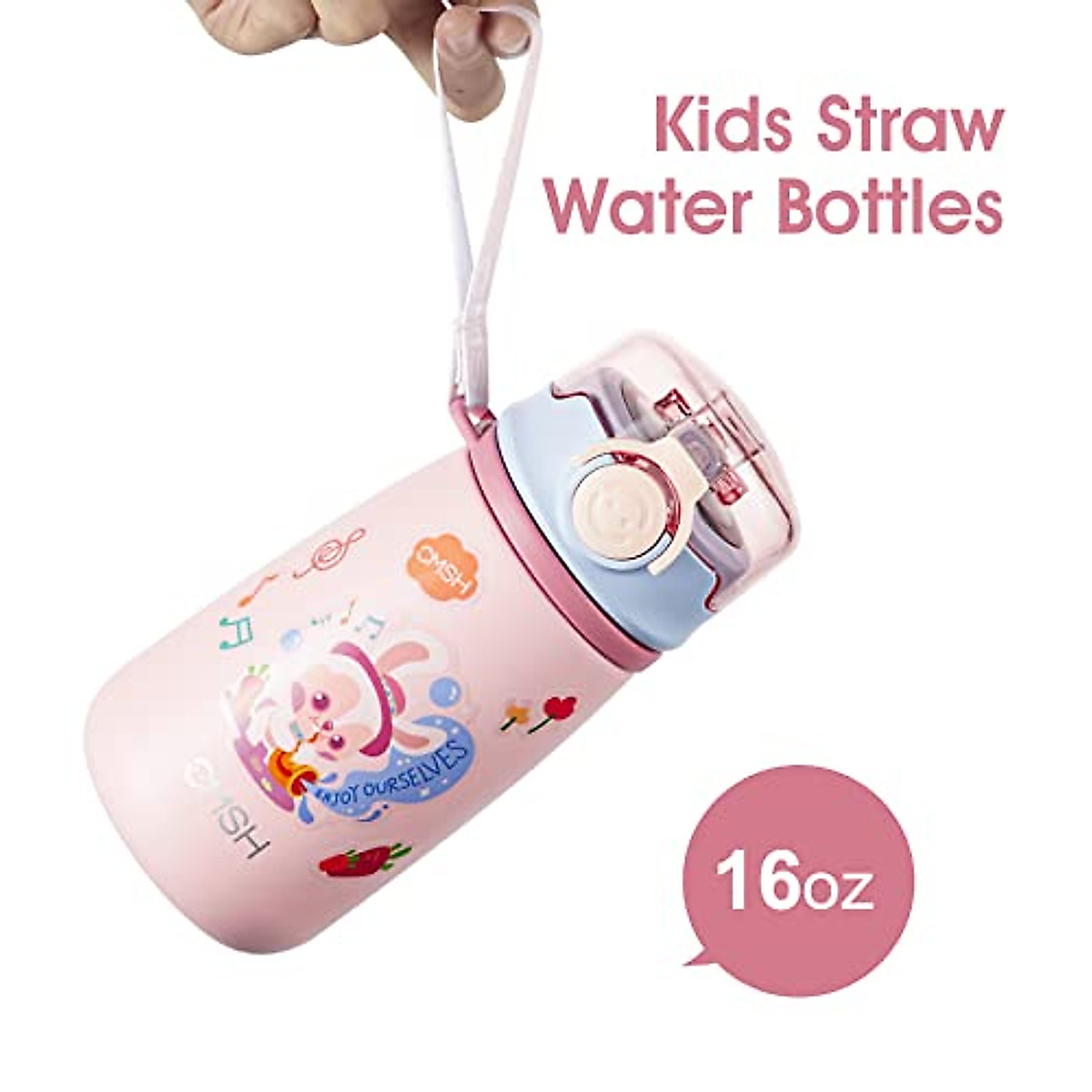 TKK Kids Insulated Water Bottle 16 oz Double Wall Vacuum Stainless Steel Thermos with Leak Proof Straw Lid & Strap Handle & Sticker (Pink)