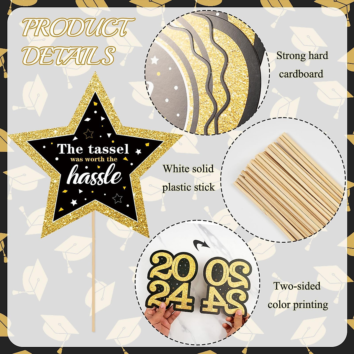 kockuu 36pcs Black Gold Graduation Decorations for Class of 2024 - Black Gold Double Sided Graduation Table Centerpieces Sticks with LED String Light for College High School Grad Party Decor Supply