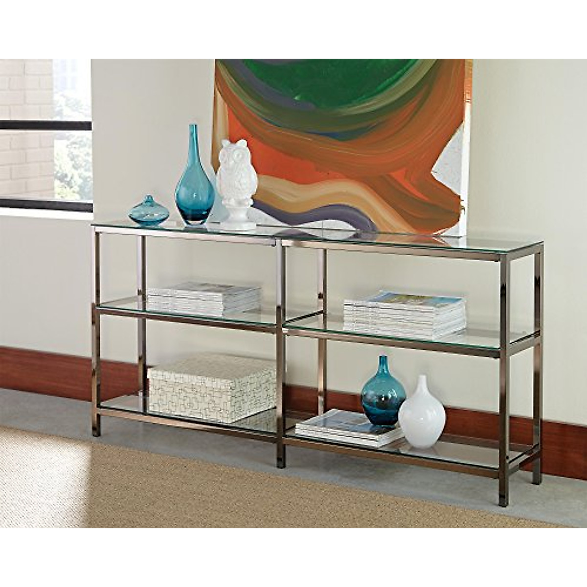 Coaster Furniture Book Case Coaster Contemporary Black Nickel Finished Two Tier Metal Bookcase/Console with Glass Shelves 801018