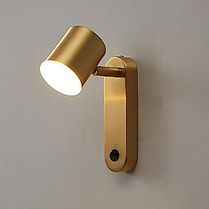 Cordless Wall Sconce Nordic Mini Wall Lamp Brushed Gold Finish Brass Bracket with Pressure Sensor Switch LED Wall Light 7W Dimmable Decorative Fixture Adjustable Head Sconce for Bedroom Bedside Lighti