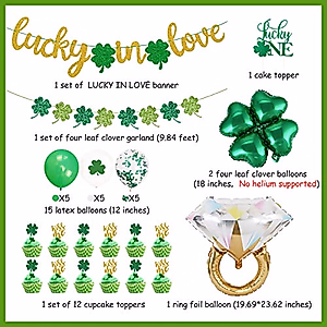 St. Patrick's Day Lucky in Love Decorations Set - Lucky in Love Banner, Love Shamrock Cake Toppers and Balloons, Diamond Ring Foil Balloon for Irish Theme Bridal Shower, Bachelorette, Wedding Party