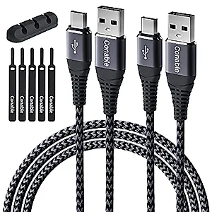 USB C Cable 3A Fast Charging 2 Feet (2 Pack) A to Type C Nylon Braided Cord for Samsung Galaxy S20 S10 S9 S8 Note 20 10, LG V30 V20 with a Cable Holder Clip and 5 Cable Ties - 2 ft