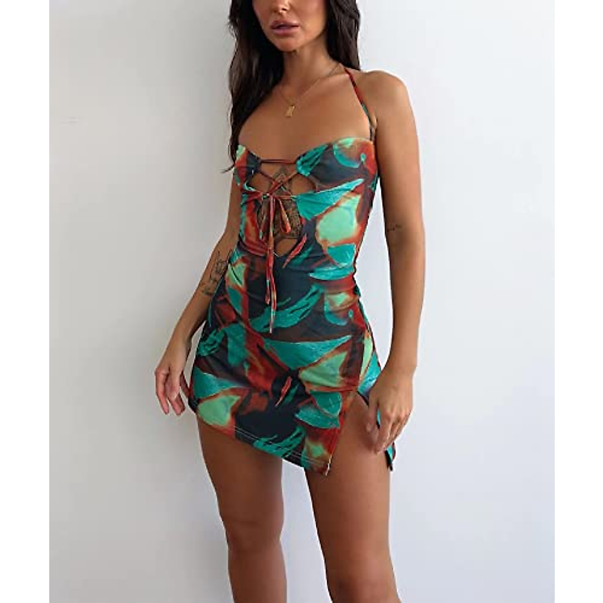 Fairy Ruffle Hem Mini Dress Spaghetti Strap Boho Print Short Dresses Y2k Backless Swing Aline Dress（Floral Blue，Medium）