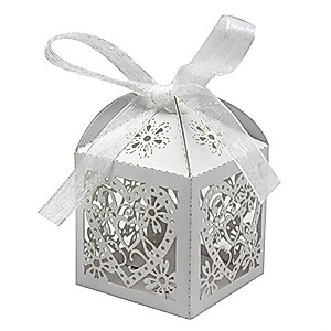 KPOSIYA 100 Pack Love Heart Laser Cut Wedding Party Favor Box Candy Bag Chocolate Gift Boxes Bridal Birthday Shower Bomboniere with Ribbons