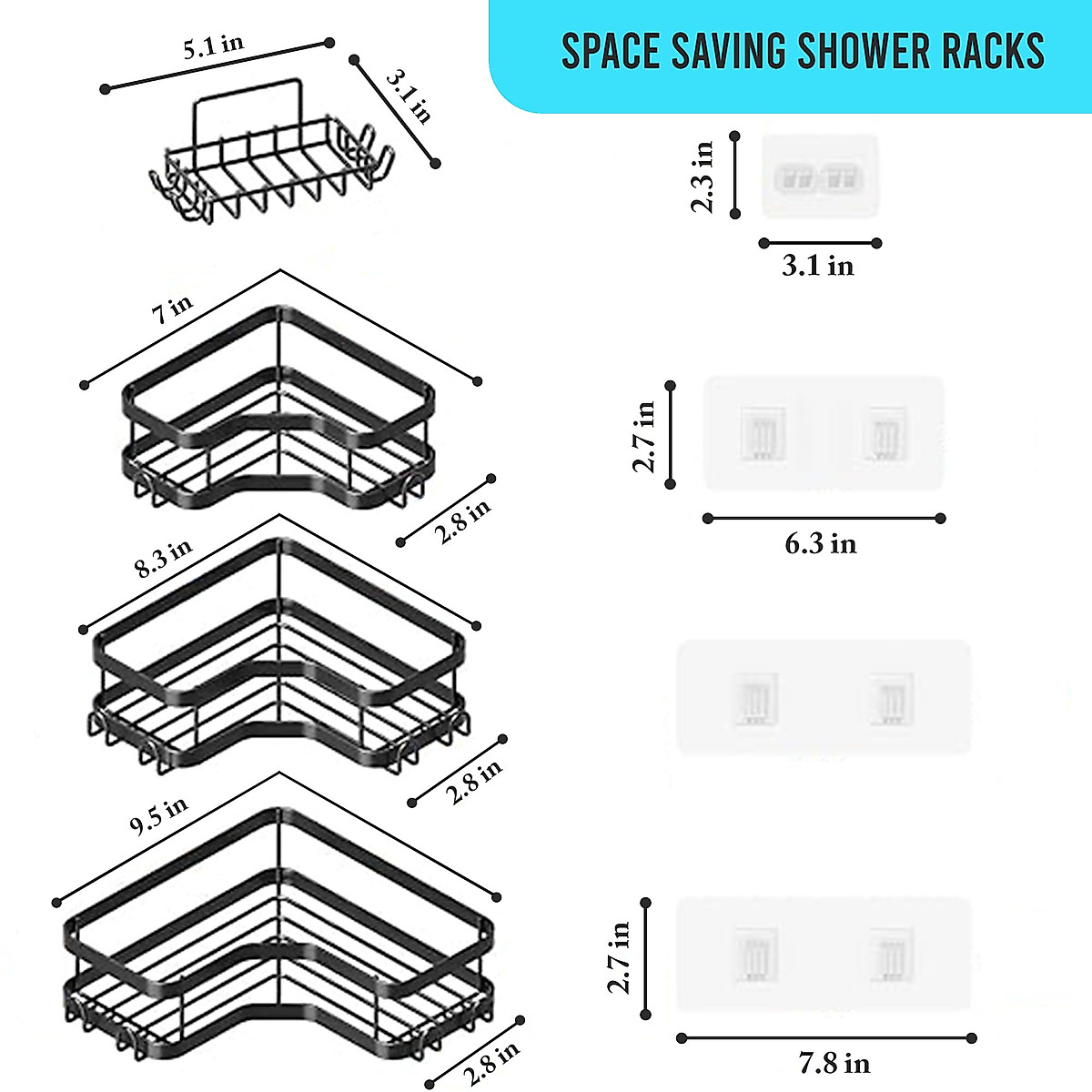 Modern Corner Caddy Stainless Steel Shelf for Shower, Adhesive Backing, 𝟵𝟬 𝗗egree Corner Shower Organizer Set with Soap Holder & Adjustable Hooks, Storage Shelves for Clutter-Free Washroom- Black