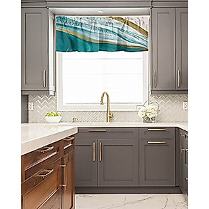 Abstract Curtain Valance for Window,Kitchen Rod Pocket Short Curtains Panel Turquoise White Gold Marble Texture Windows Treatment Drapes for Bathroom Living Room Decor 42x12In Stone Fluid Art