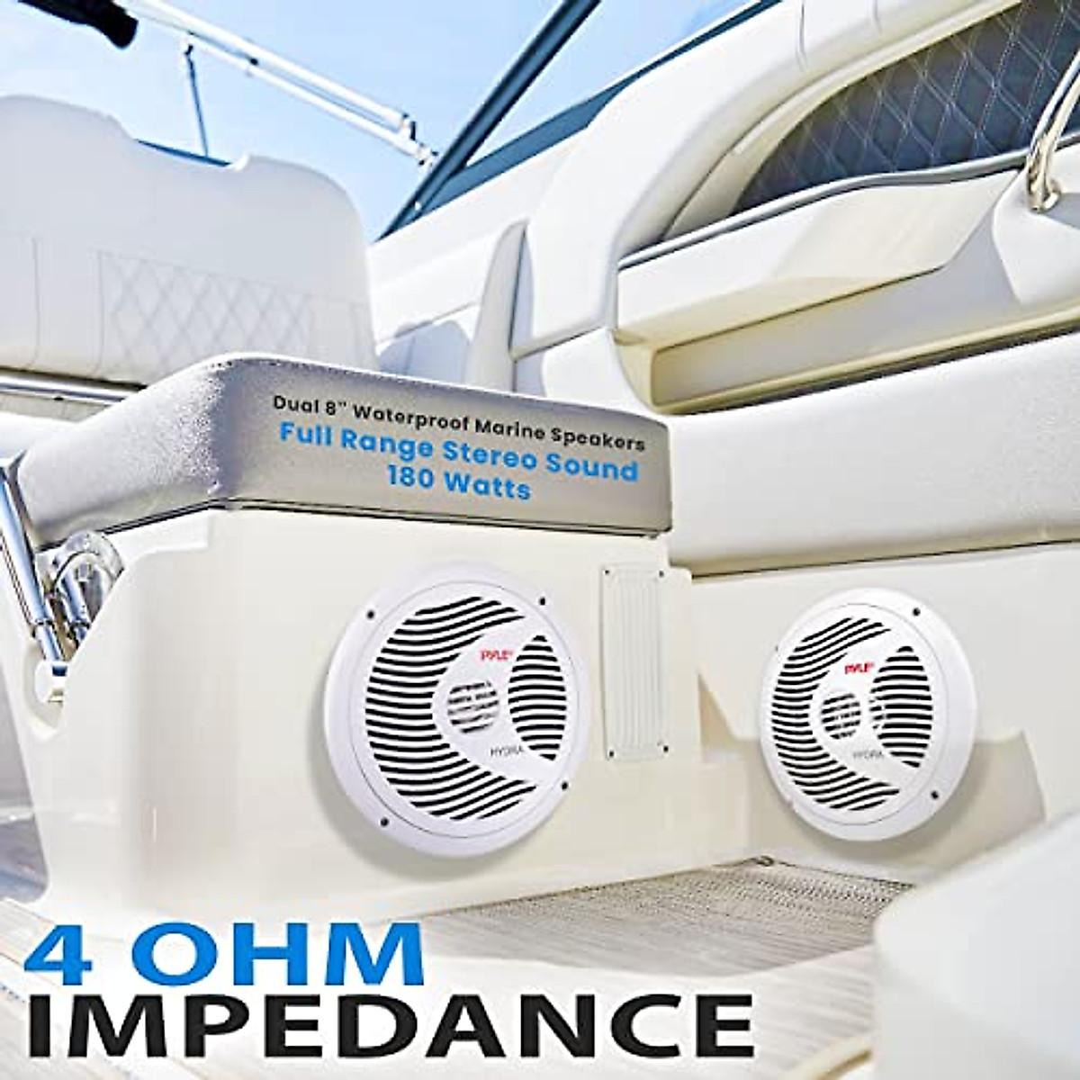 Pyle 8” Dual Marine Speakers - 180W Waterproof, PP Cone w/Rubber Surround, Boat Truck Mobile or Off-Road Speaker (White)