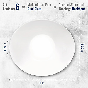 Bormioli Rocco Prometeo Set Of 6 Pasta Bowls, 9" X 7.75" Tempered Opal Glass, Clean White, Curved Design With External Textures Dinnerware.
