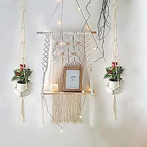 Macrame Wall Hanging Shelf， Boho Room Decor Handmade, Wooden Storage Floating Shelves for Small Plants and Photo Frames, for Living Room, Bedroom, Bathroom, 3Pcs…