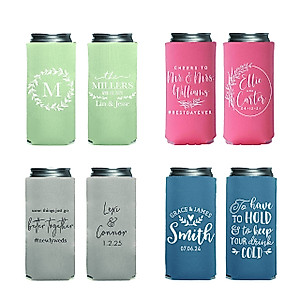 Customized Slim 12oz Wedding Can Coolers, Personalized Wedding Favors, bachelorette party favors Monogram Can Holders (Custom – Assorted, 100 Slim Can Cooler)