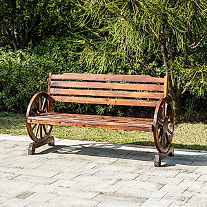 Vagowin Wagon Wheel Bench, Outdoor Bench, Rustic Wooden 2-Person Seat Patio Bench with Backrest for Garden, Porch, Yard, Brown, 22 inches D x 56 inches W x 30.5 inches H