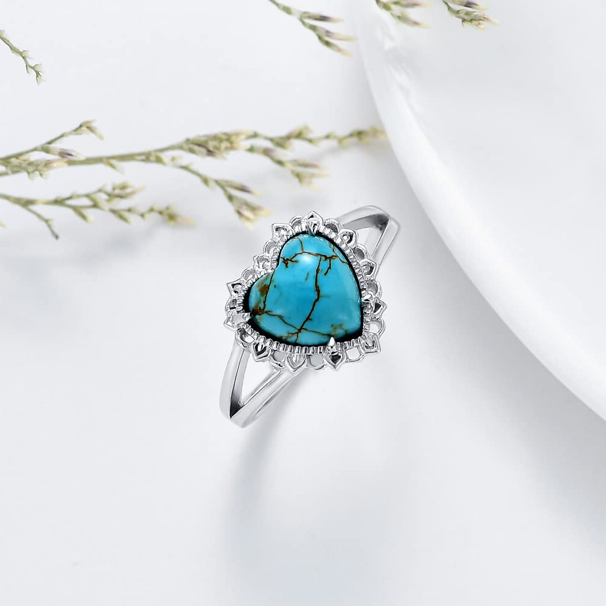 BETHZA Natural Turquoise Rings for Women 925 Sterling Silver Heart Shape Genuine Turquoise Statement Ring Western Jewelry Gifts for Wife Size 7