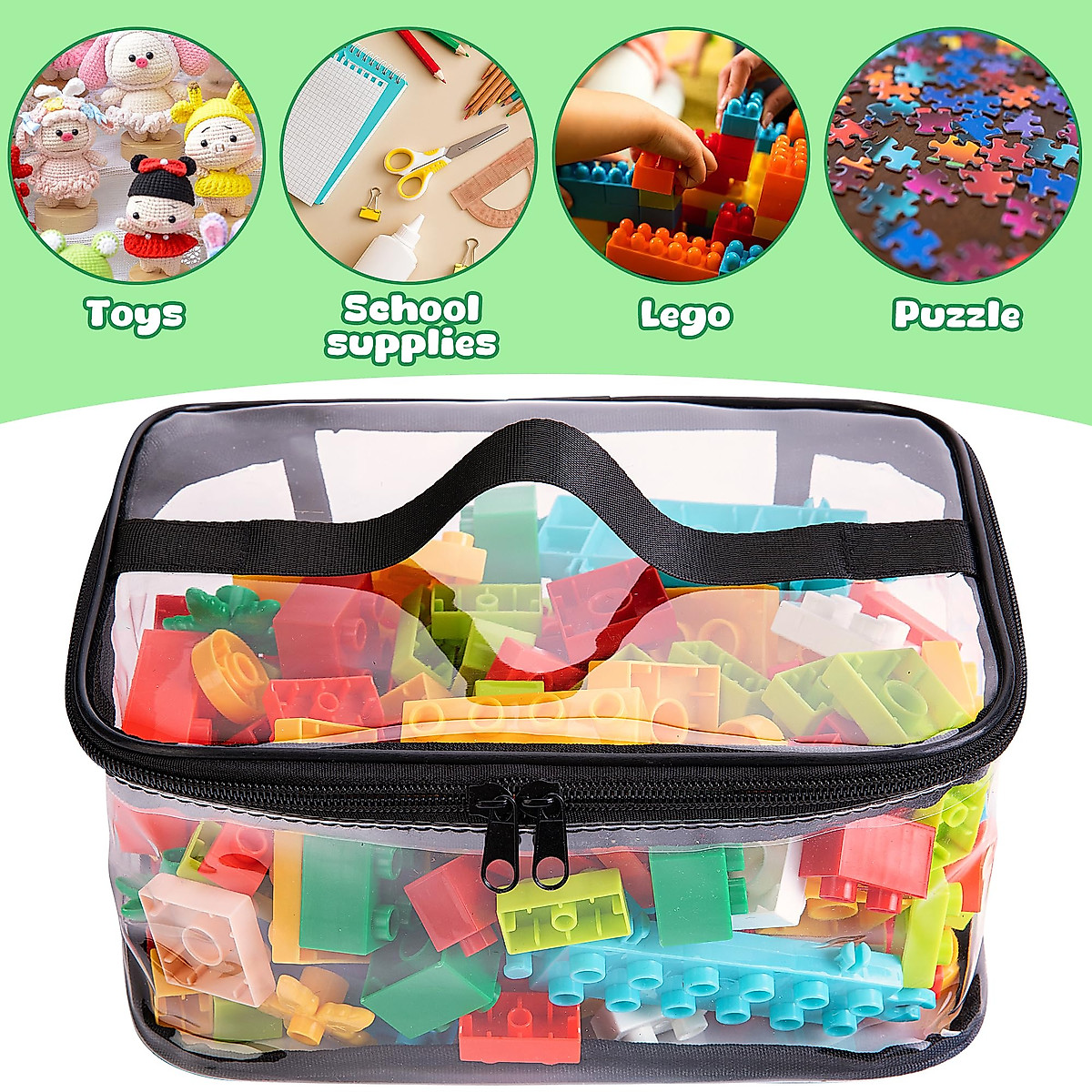 4 Packs Clear Toy Storage Bags- 9.4 x 6.7 x 4.3 Inch Transparent PVC Toy Organizing Bags with Zipper- Waterproof Toy Storage Organizer Pouch for Building Blocks, Small Toys (Black)
