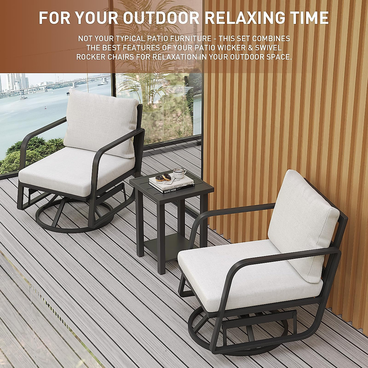 Patio Chairs Swivel Rocker Sets: 3Sets Aluminum Alloy Ensemble with 360° Swivel Rocking Chairs, Rust-Resistant Frame Cushions -Perfect for Backyard, Deck, Porch, and Balcony Decoration(2seat+1table)