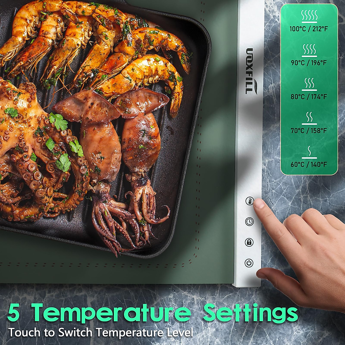 Silicone Electric Heating Tray - Roll Up Premium Silicone Heating Mat for Food, 5Temperature Setting, Four Timer Modes, Auto Shut-Off, Portable Food Warmer for Parties, Dinner, Travel