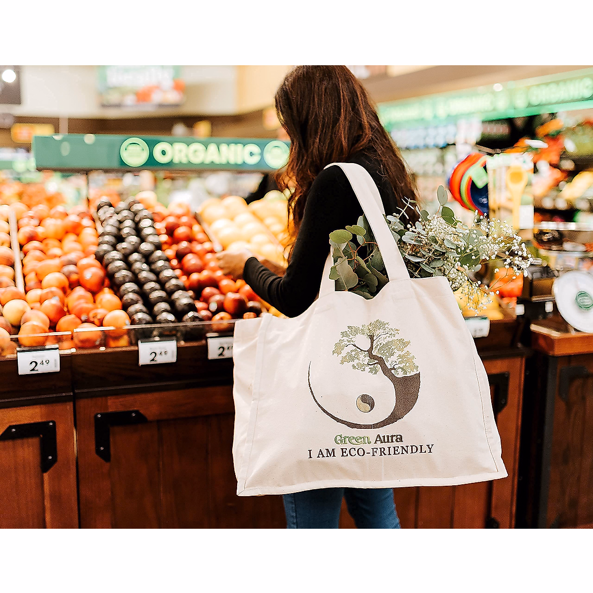 Green Aura Kitchen Reusable Grocery Shopping Bags, Canvas Grocery Bags Reusable Shopping Bags, Reusable Grocery bags Washable, Foldable & Heavy Duty, Cloth Grocery Bags With Handles, Set of 2 (L) Bags