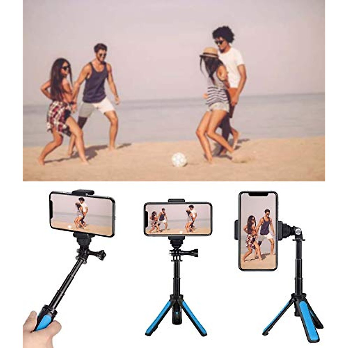 Extendable Mini Selfie Stick Tripod Two in One， Compatible with AKASO Gopro Hero 10/9/8/7/6/5 Various Action Camera and Cell Phone Accessories（Blue）