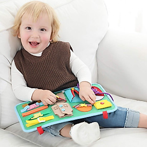 Toddler Busy Board, 14 in 1 Activity Board(Garbage Car Style), Montessori Sensory Toy for Fine Motor Skills, Learning Toy for Airplane or Car Travel, Preschool Educational Gift for Kids Boys Girls