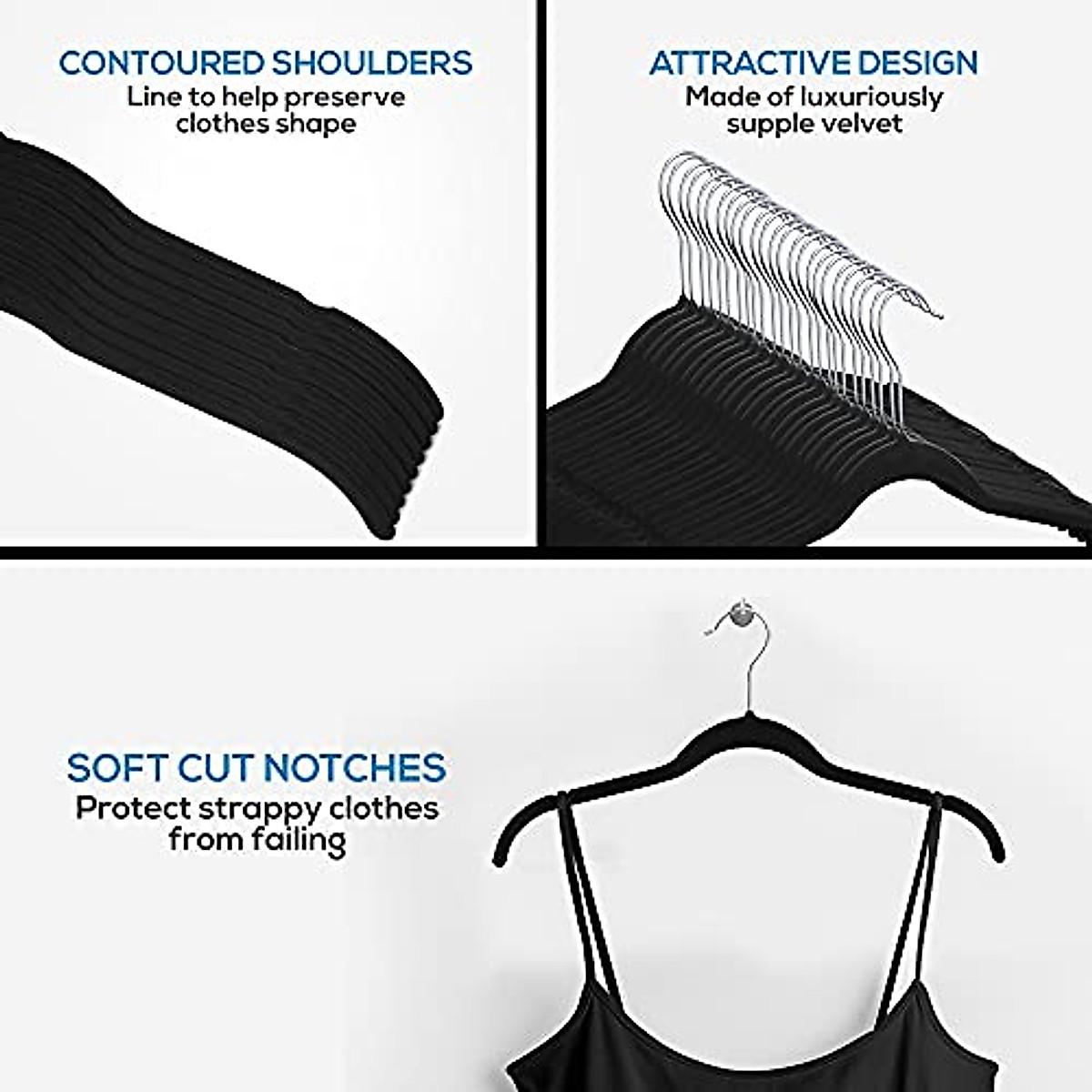 Utopia Home Premium Velvet Shirt Hangers - Non Slip Velvet Hangers - Durable and Slim - 360°-rotatable Hook -Hangers for Shirts,Blouses & Tops (Black,50)