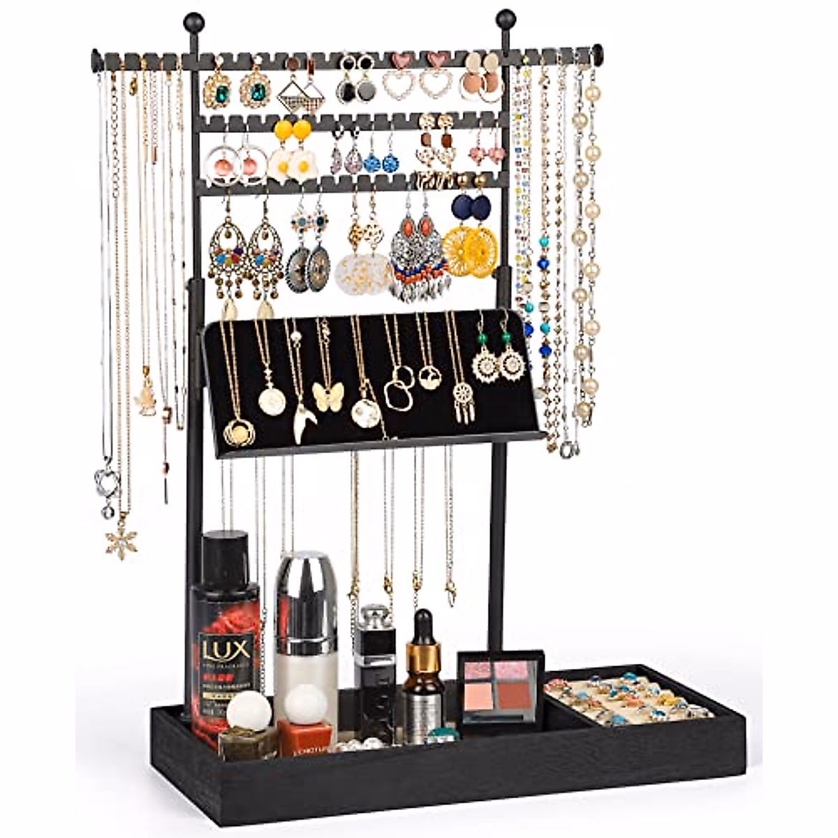 SOLIMINTR Jewelry Organizer, Jewelry Stand with Necklace Display Holder 3 Tier Earring Organizer Rustic Wood Base Tray with Ring Stand Jewelry Storage Tower for Women Girls Gift