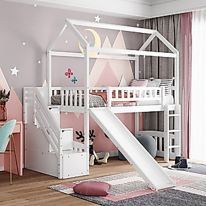 HABUHOME Twin Loft Bed with Stairway and Slide, House Bed with Two Drawers and Ladder, White