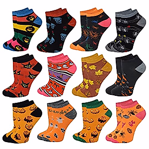 SUMONA Differenttouch 12 Pairs Pack Women Low Cut Colorful Fancy Design Ankle Socks (9-11, Halloween)