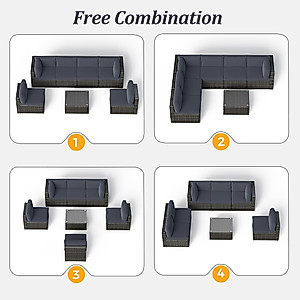 SUNVIVI OUTDOOR 7 Piece Patio Furniture Sets All Weather Gery PE Wicker Couch Sofa with Glass Table, Removable Dark Grey Cushions