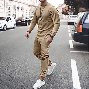 Men's Tracksuit Long Sleeve Round Neck Sweatshirts Tops Pants Set Two Piece Sweatsuits Outfits Sports Suit(Khaki,X-Large)