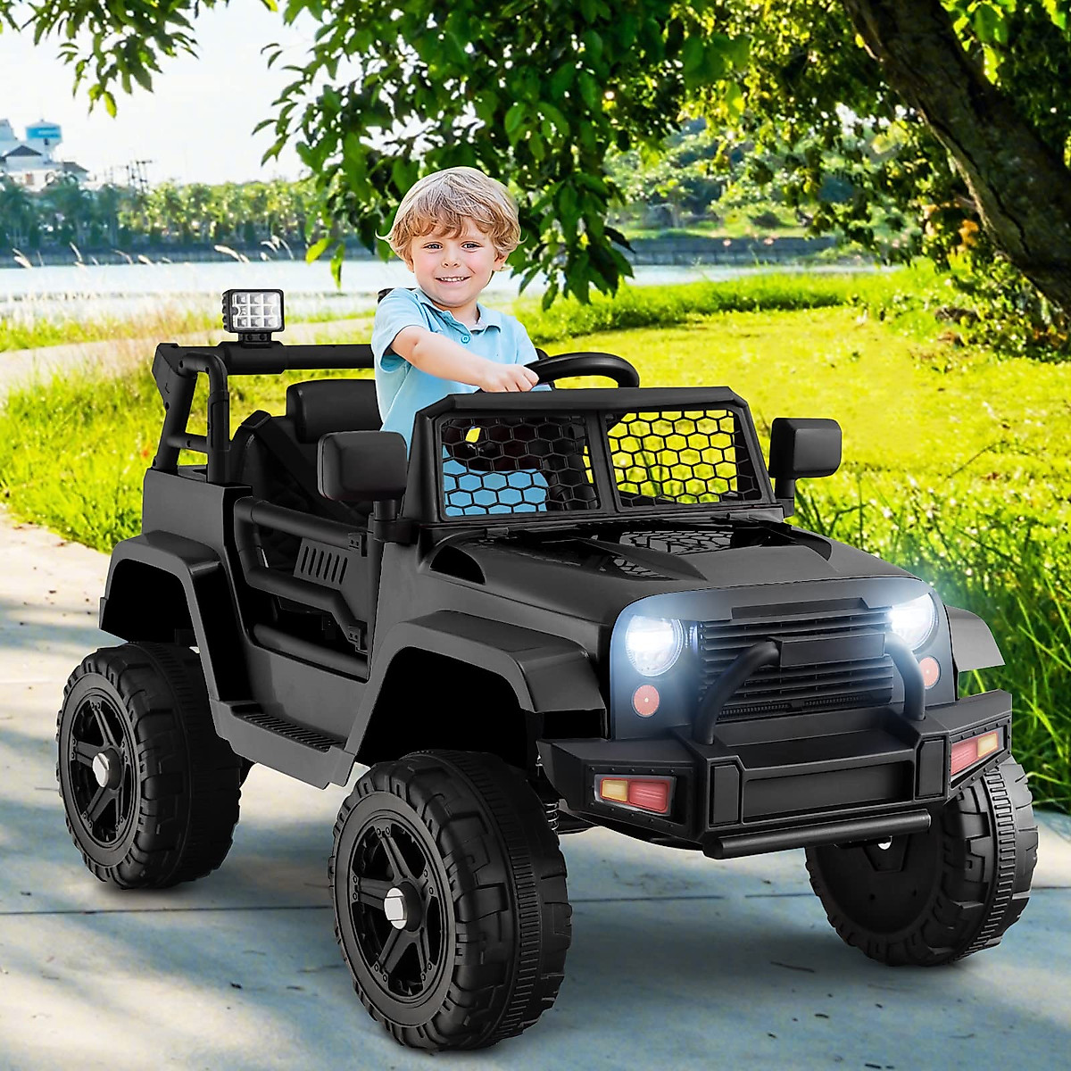 OLAKIDS Kids Ride On Truck, 12V Electric Vehicle Jeep Car with Remote Control, Toddlers Battery Powered Toy with 2 Speeds, Spring Suspension, Double Open Doors, LED Lights, Music, TF, USB, Mp3 (Black)