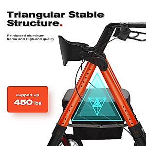 OasisSpace Pneumatic Tires Rollator Walker for Seniors - Heavy Duty Rollator Walker with Seat & Large Padded Backrest, All Terrain Rolling Walker 450lbs Height Adjustable