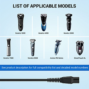 Replacement for Philips Norelco Charger Cord Fit HQ8505 7000 5000 3000 Series 3500 mg5750 mg7750 S1560 Electric Shaver Razor, Aquatec, Arcitec, Multigroom Beard Trimmer & More 15V Power Cord Adapter