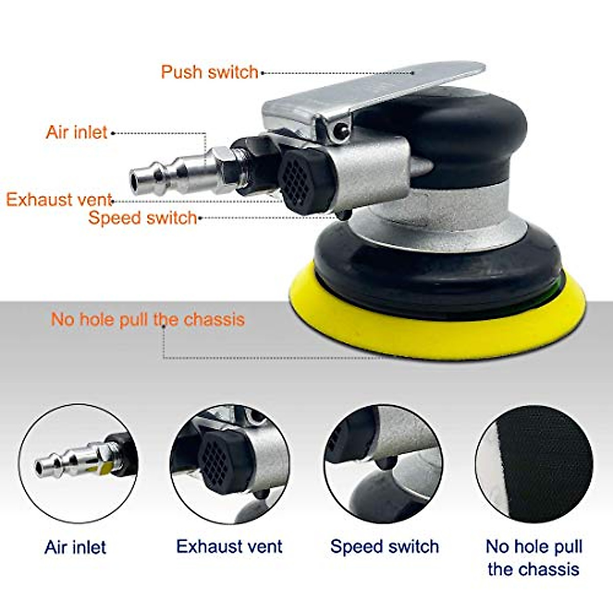 Senray Professional Air Random Orbital Palm Sander, 5-Inch Heavy Duty Dual Action Pneumatic Sander with 1pc Spare Plate, 8Pcs Sandpapers