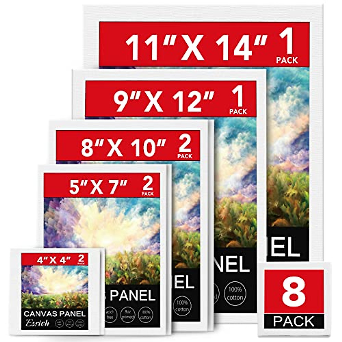 ESRICH Canvases for Painting 8Pack Canvas Panels with 8x10,5x7,4x4（2 of Each） and 11x14,9x12（1 of Each）,Painting Canvas for Acrylic Paint,Oil Paint,Watercolor,Gouache and Tempera,Pouring.
