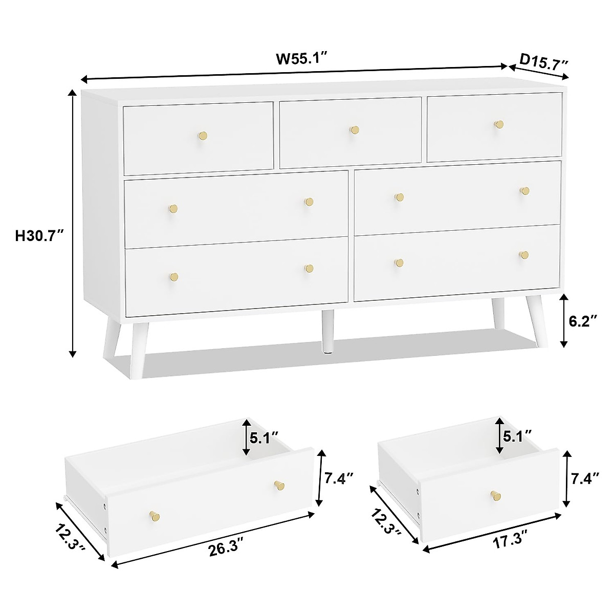 HOUROM White Dresser for Bedroom, Dresser with 7 Drawers, Wood Dressers & Chests of Drawers, Modern Double Dresser with Wide Drawer and Metal Handles
