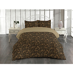 Ambesonne Paisley Themed Duvet Cover Set, Boho Damask Inspired Grunge Flowers Vintage Pattern Print, Reversible 3 Piece Bedding Set with 2 Pillow Shams, King, Charcoal Grey and Dark Khaki