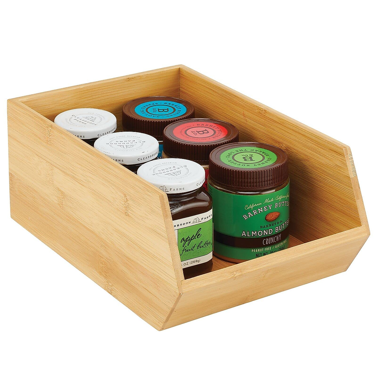 mDesign Bamboo Stackable Food Storage Organization Bin Basket - Wide Open Front for Kitchen Cabinets, Pantry, Offices, Closets, Holds Snacks, Dry Goods, Packets, Spices, Teas - 4 Pack - Natural Wood