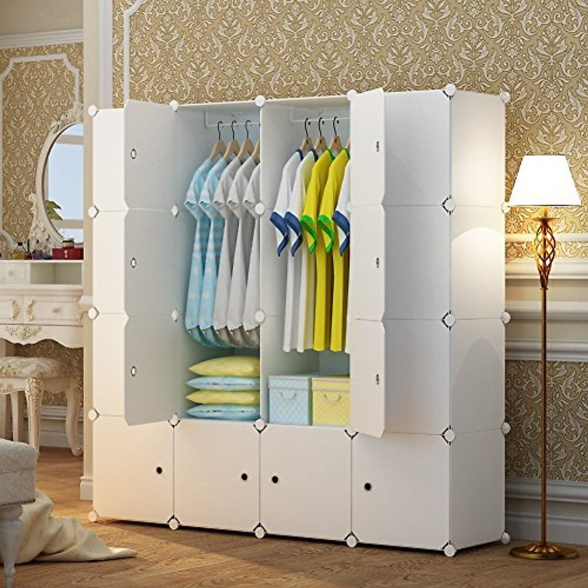 KOUSI Portable Wardrobe Closets 14"x18" Depth Cube Storage, Bedroom Armoire, Storage Organizer with Doors, 16 Cube, White