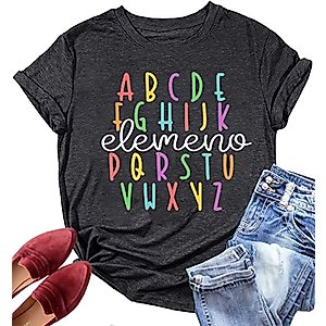 Teacher Shirt ABC Alphabet Elemeno Women Letter Print Graphic Tee Tops Teachers Gift Student T-Shirt Blouse(Grey,Small)