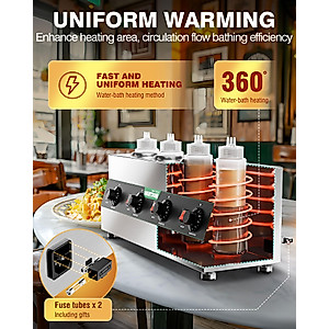 WantJoin Electric Sauce Warmer Dispenser - Countertop Stainless Steel Sauce Heat Preservation Machine 640W Hot Fudge Nacho Cheese Ketchup Chocolate Warmer for Commercial with 650ml Squeeze Bottle*4